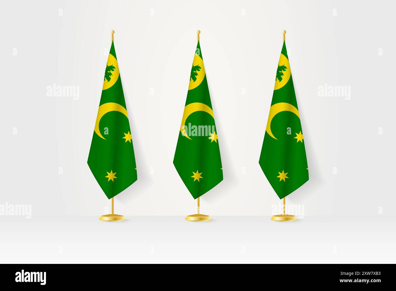 Three Cocos Islands flags in a row on a golden stand, illustration of ...