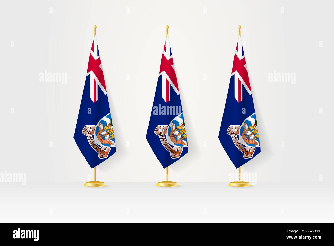 Three Falkland Islands flags in a row on a golden stand, illustration ...