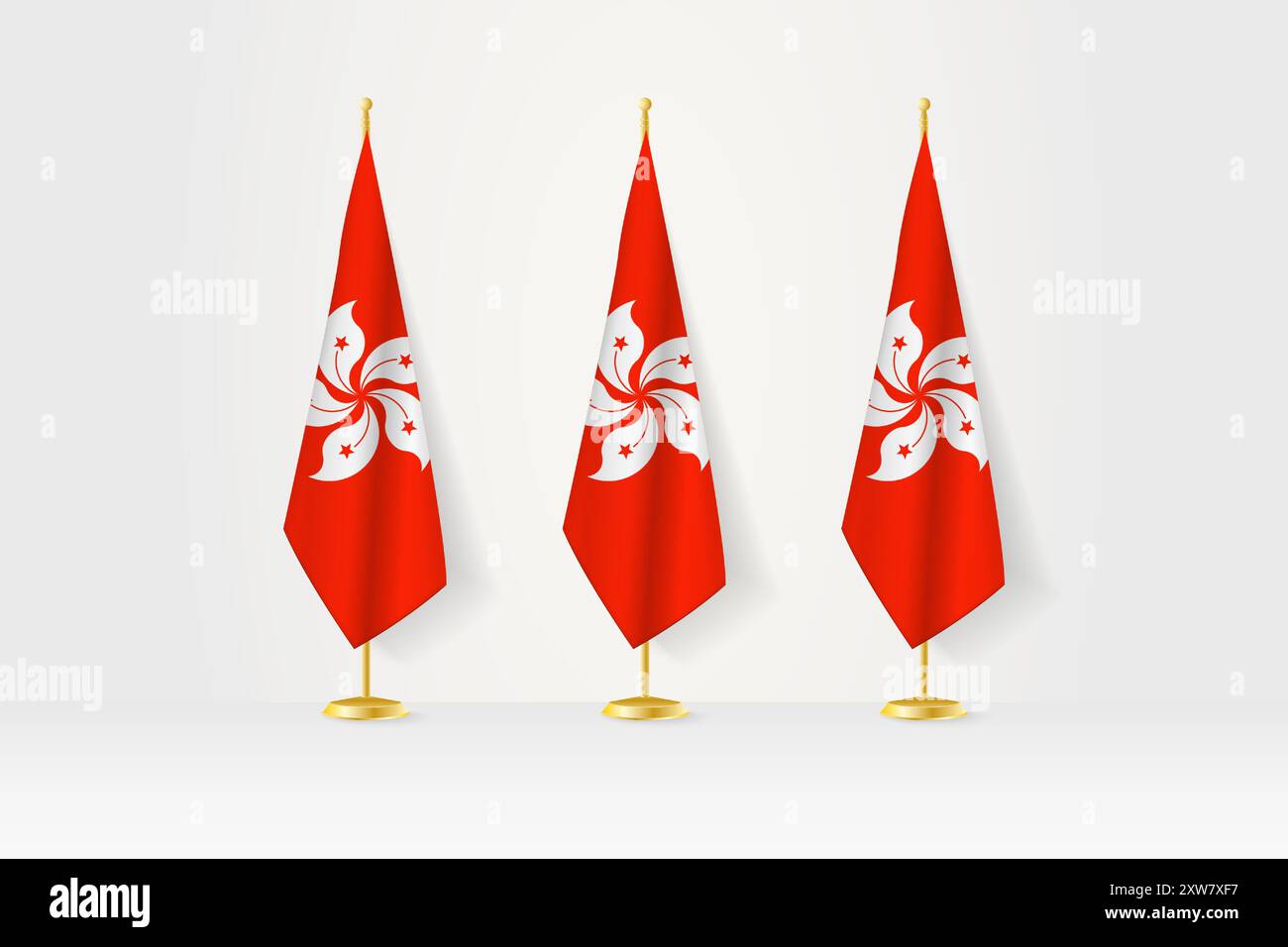 Three Hong Kong flags in a row on a golden stand, illustration of press ...