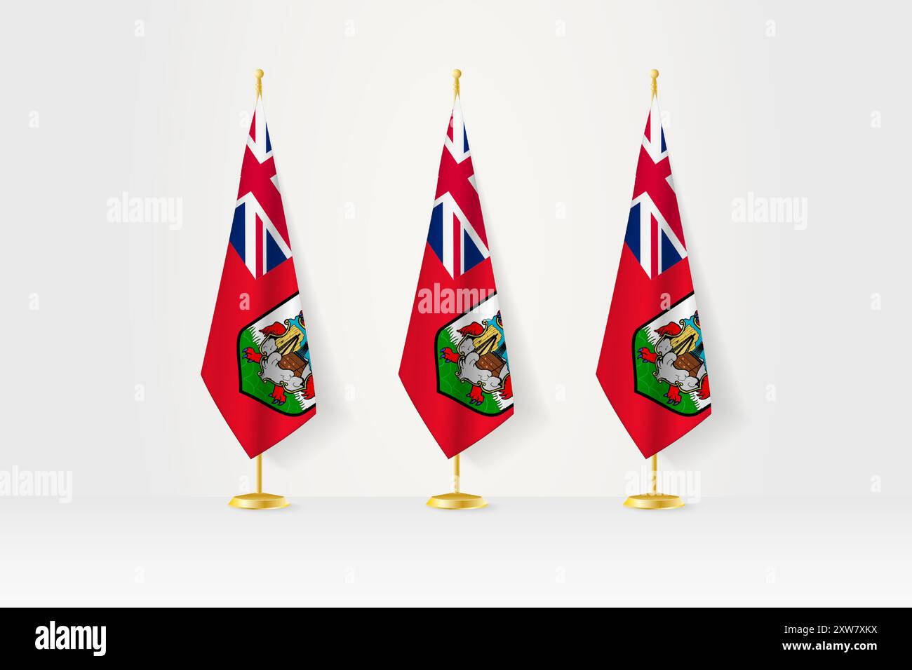Three Bermuda flags in a row on a golden stand, illustration of press ...