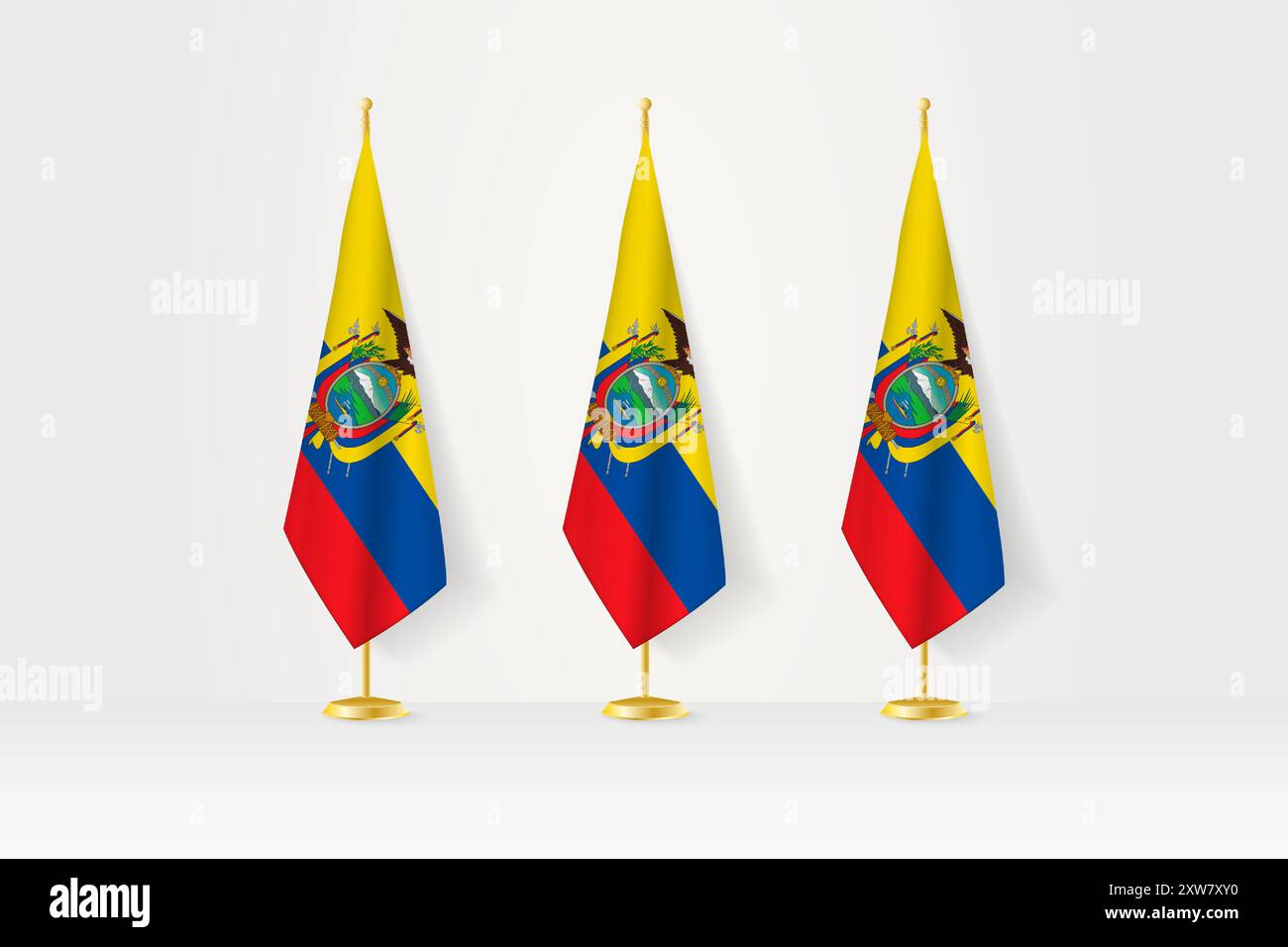 Three Ecuador flags in a row on a golden stand, illustration of press ...