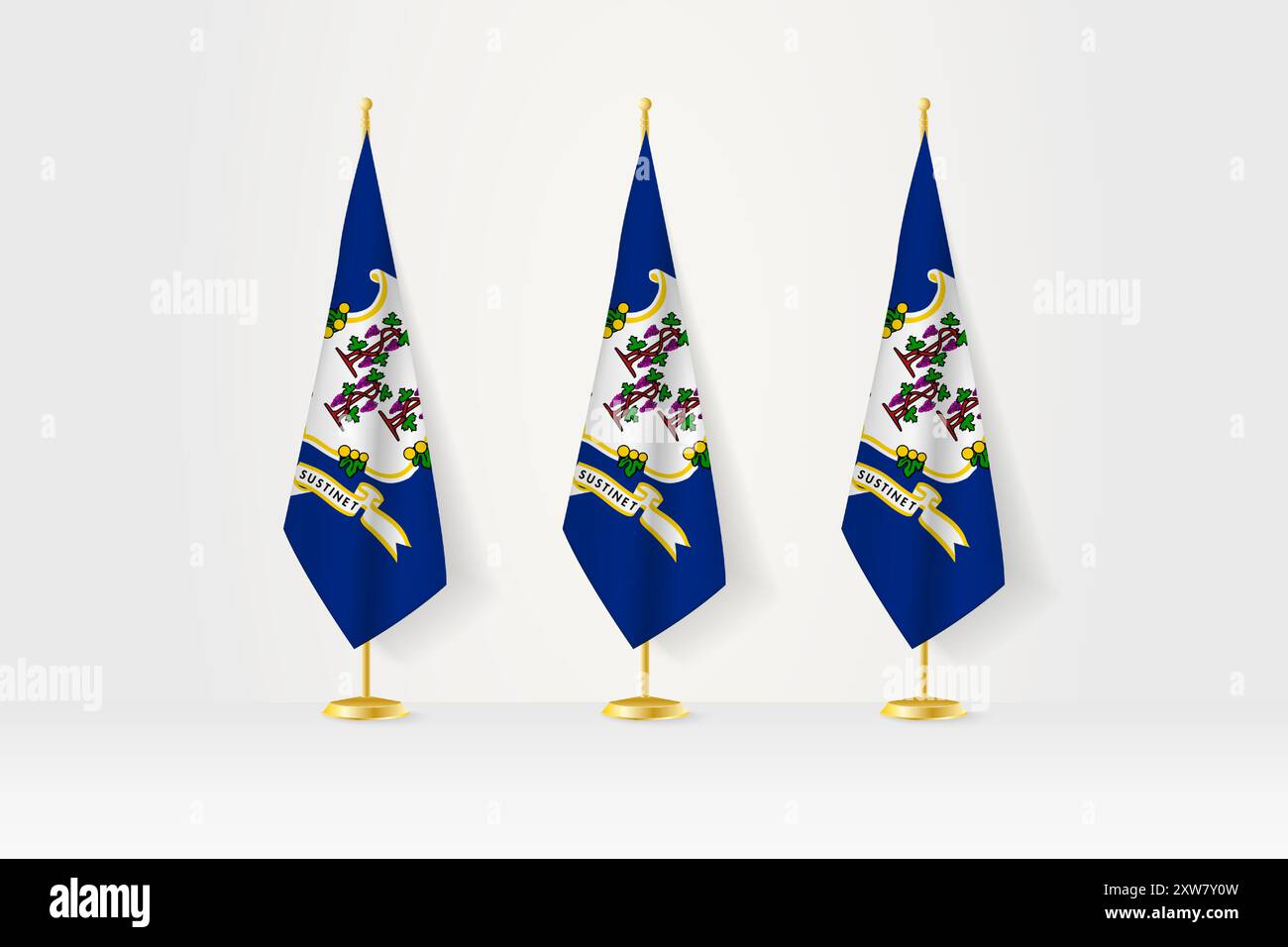 Three Connecticut flags in a row on a golden stand, illustration of ...