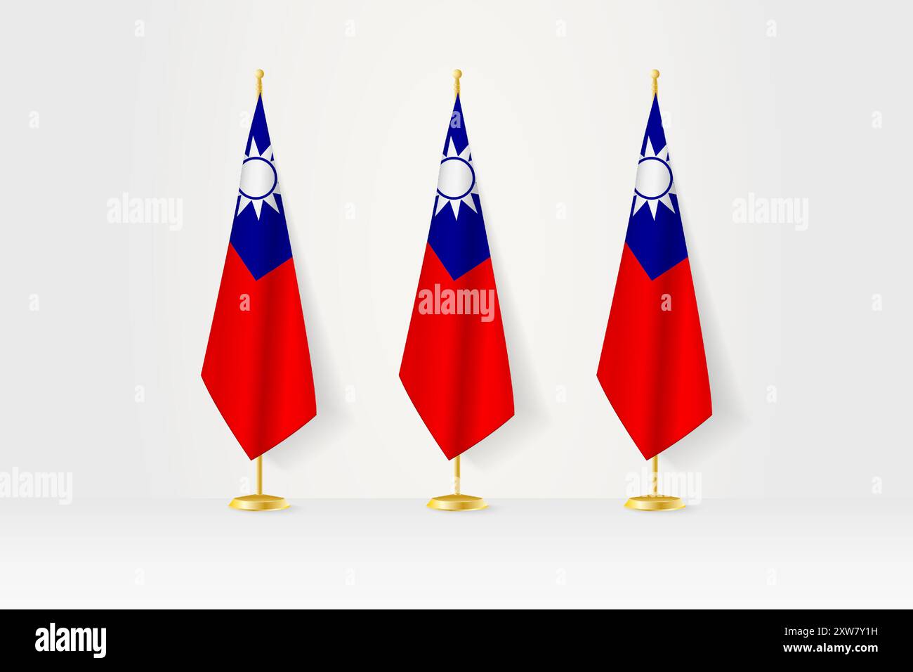 Three Taiwan flags in a row on a golden stand, illustration of press ...