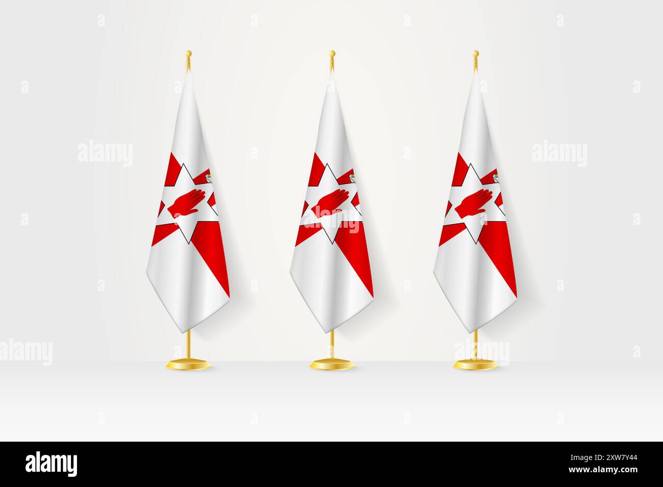 Three Northern Ireland flags in a row on a golden stand, illustration ...