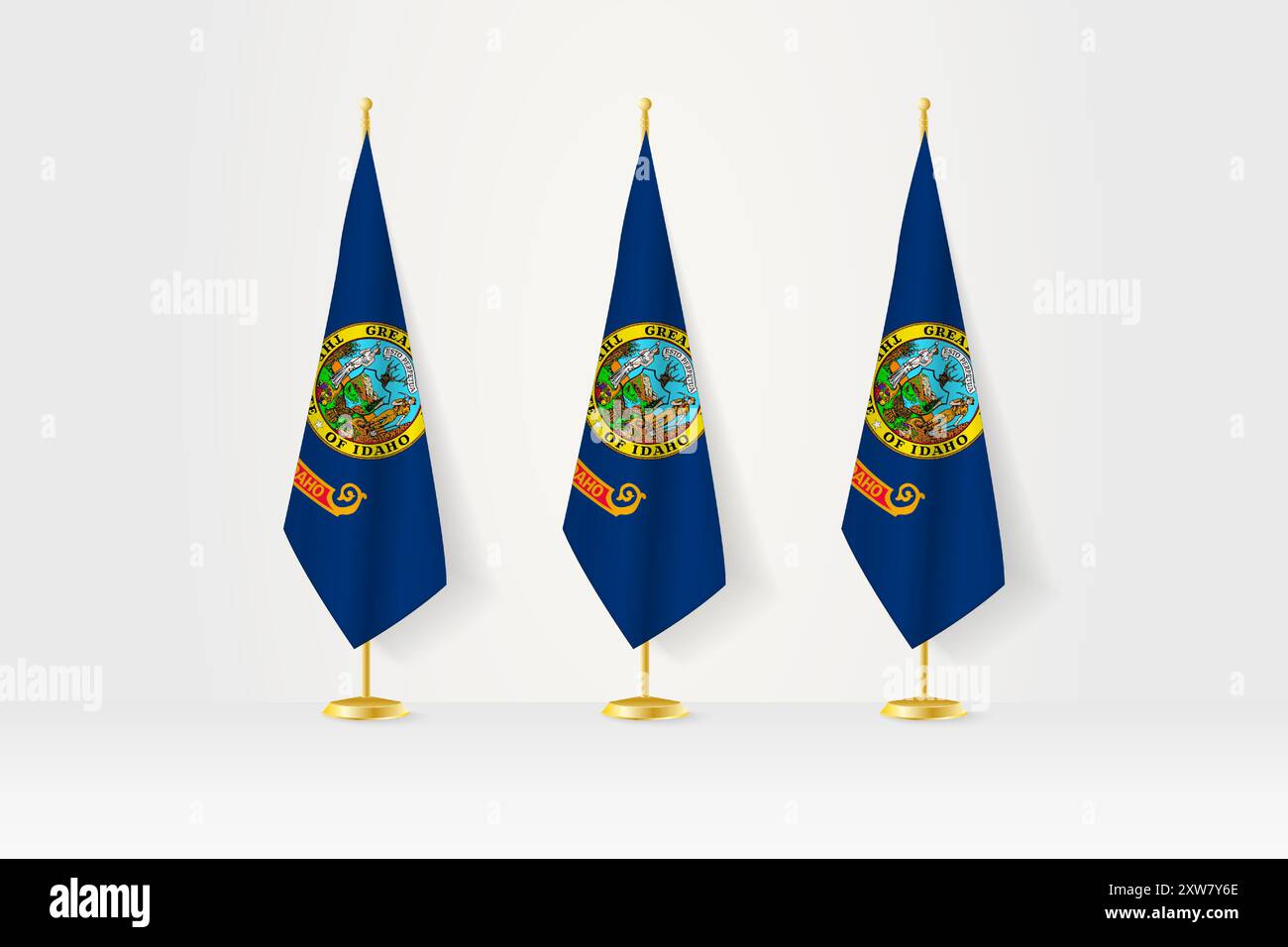 Three Idaho flags in a row on a golden stand, illustration of press ...