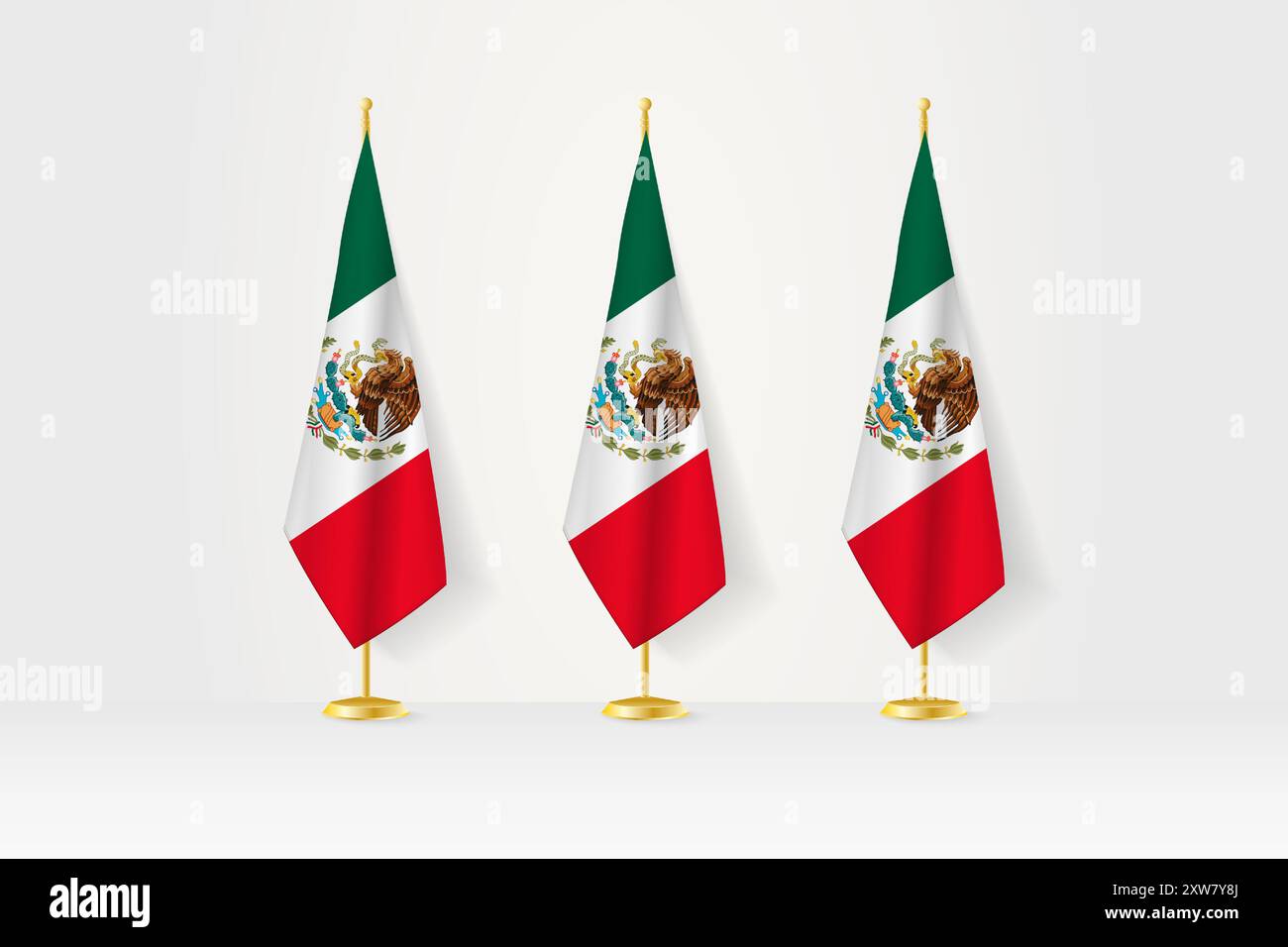 Three Mexico flags in a row on a golden stand, illustration of press ...