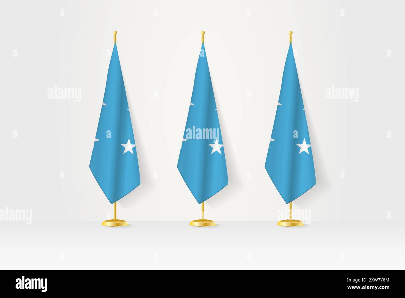 Three Micronesia flags in a row on a golden stand, illustration of ...