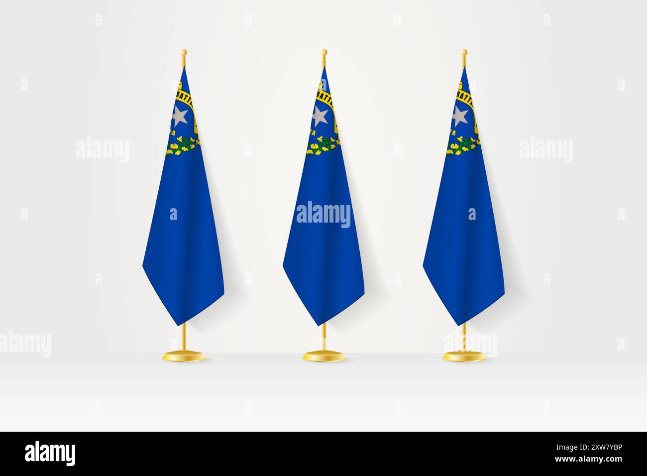 Three Nevada flags in a row on a golden stand, illustration of press ...