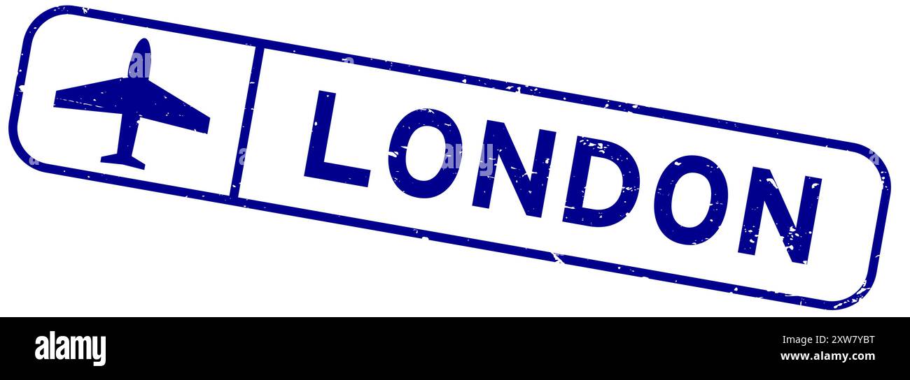 Grunge blue london word with plane icon square rubber seal stamp on ...