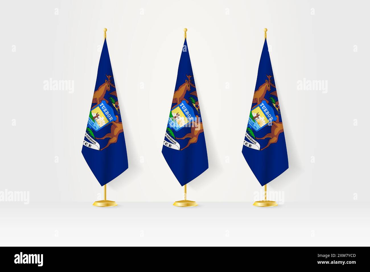 Three Michigan flags in a row on a golden stand, illustration of press ...