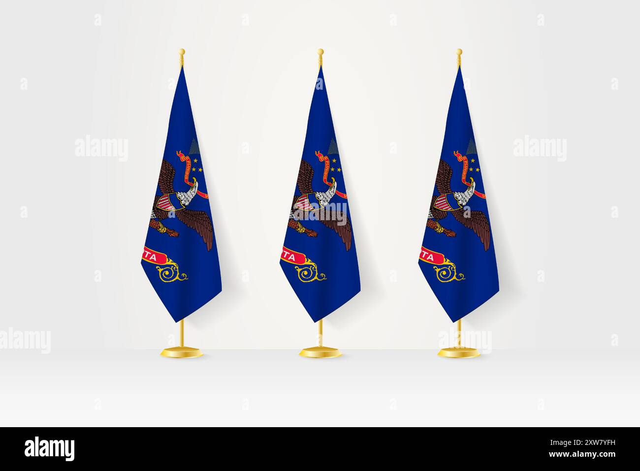 Three North Dakota flags in a row on a golden stand, illustration of ...