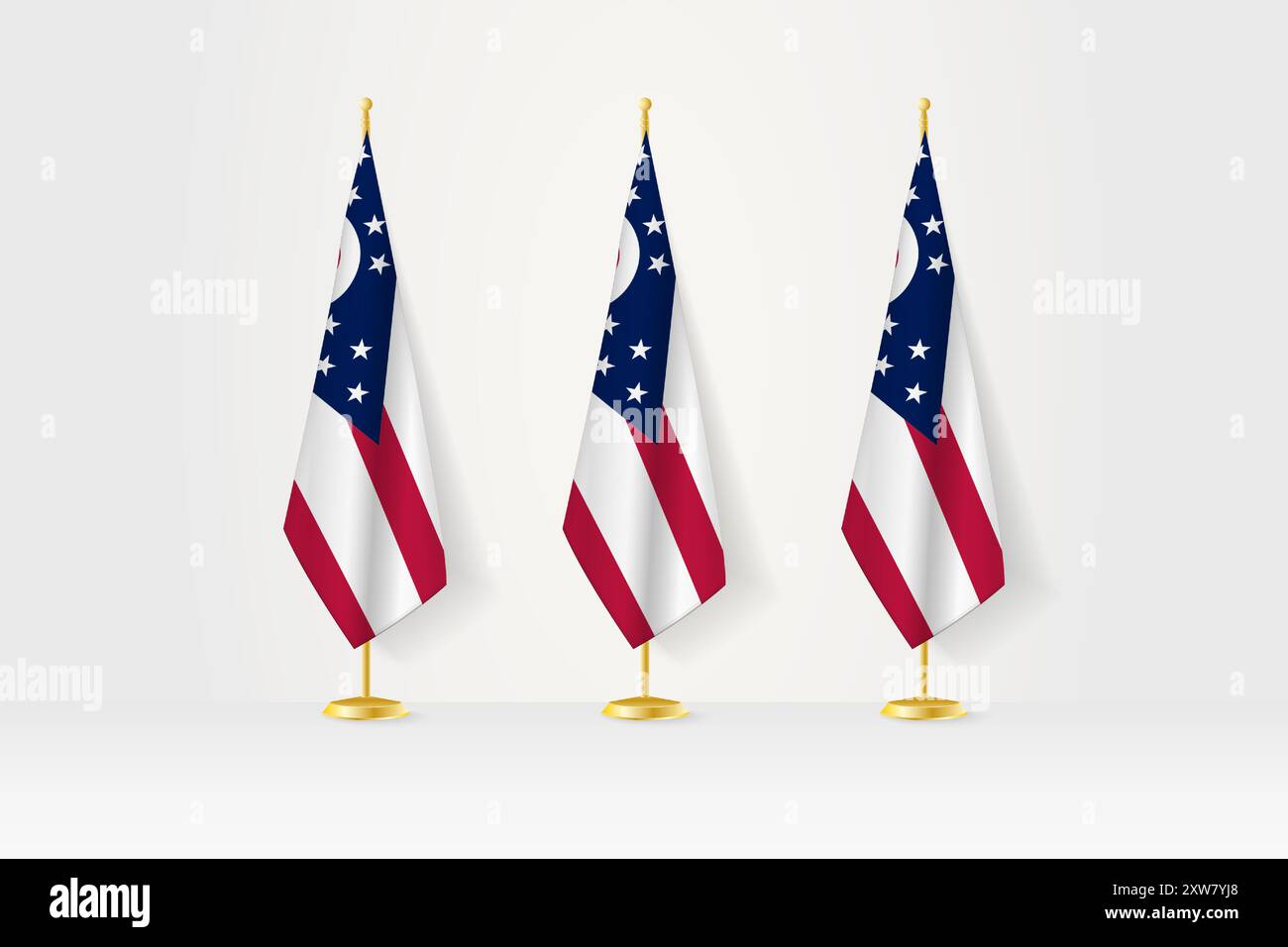 Three Ohio flags in a row on a golden stand, illustration of press ...