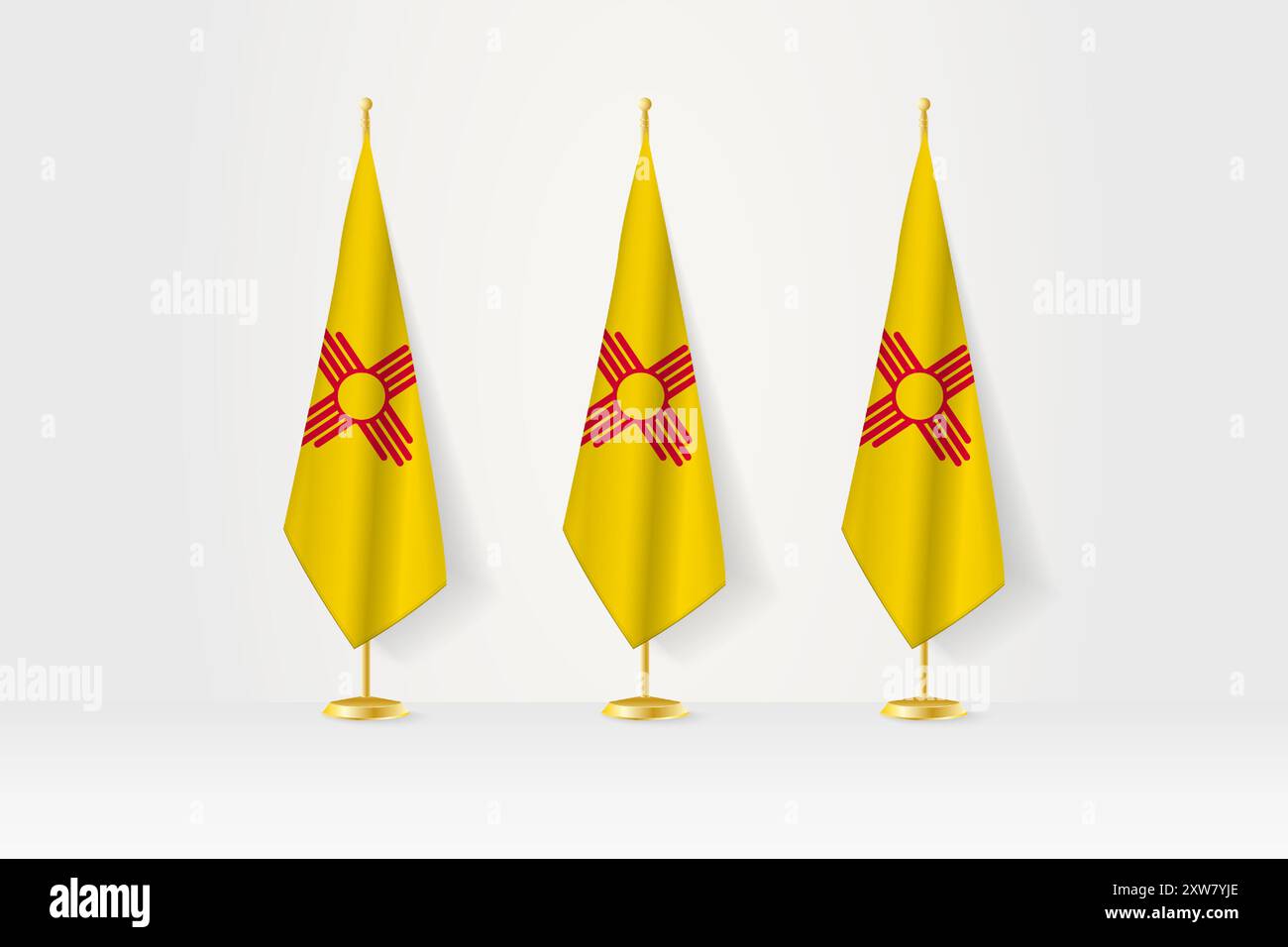 Three New Mexico flags in a row on a golden stand, illustration of ...