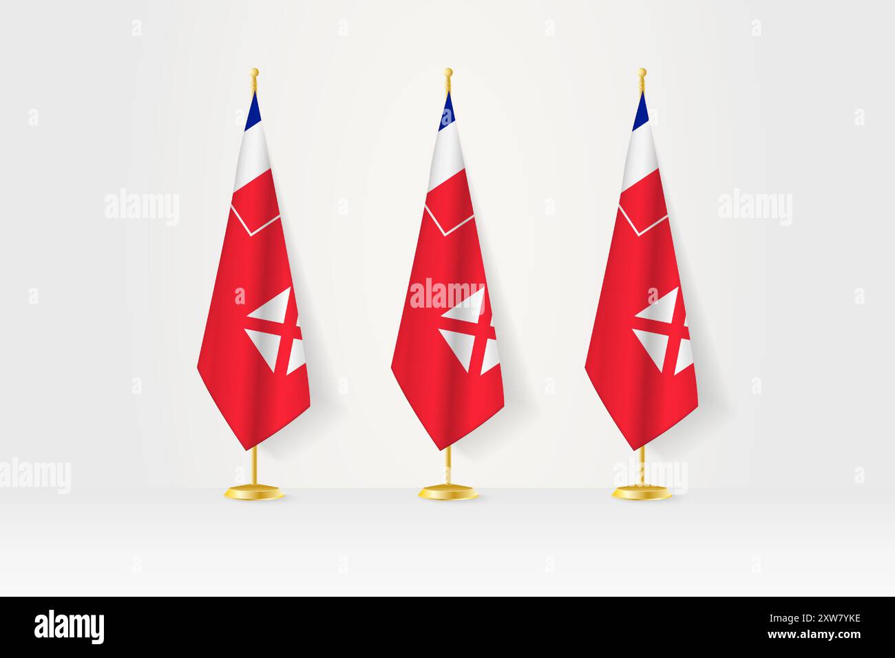 Three Wallis and Futuna flags in a row on a golden stand, illustration ...