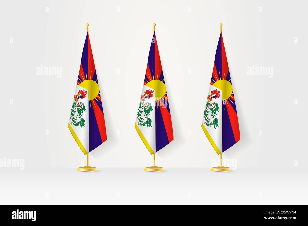 Three Tibet flags in a row on a golden stand, illustration of press ...