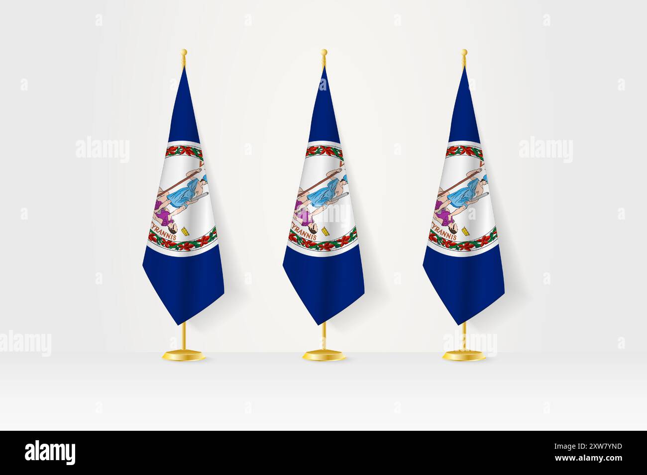 Three Virginia flags in a row on a golden stand, illustration of press ...
