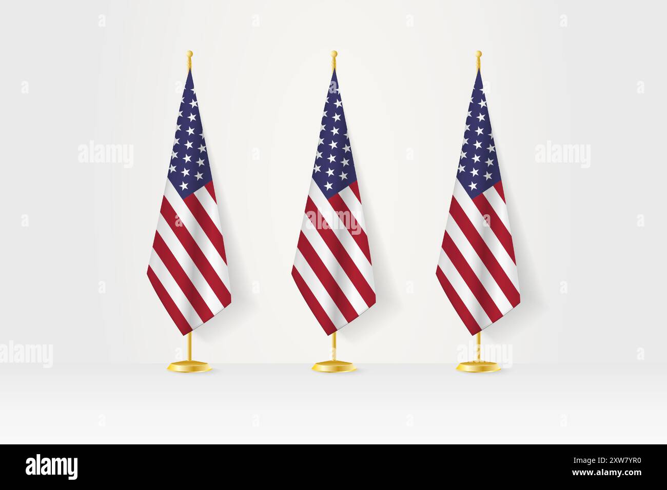 Three USA flags in a row on a golden stand, illustration of press ...