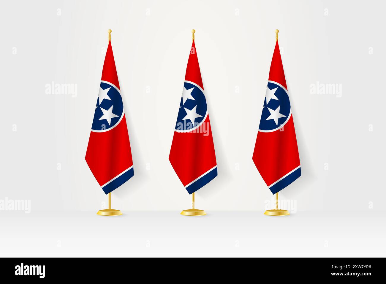 Three Tennessee flags in a row on a golden stand, illustration of press ...