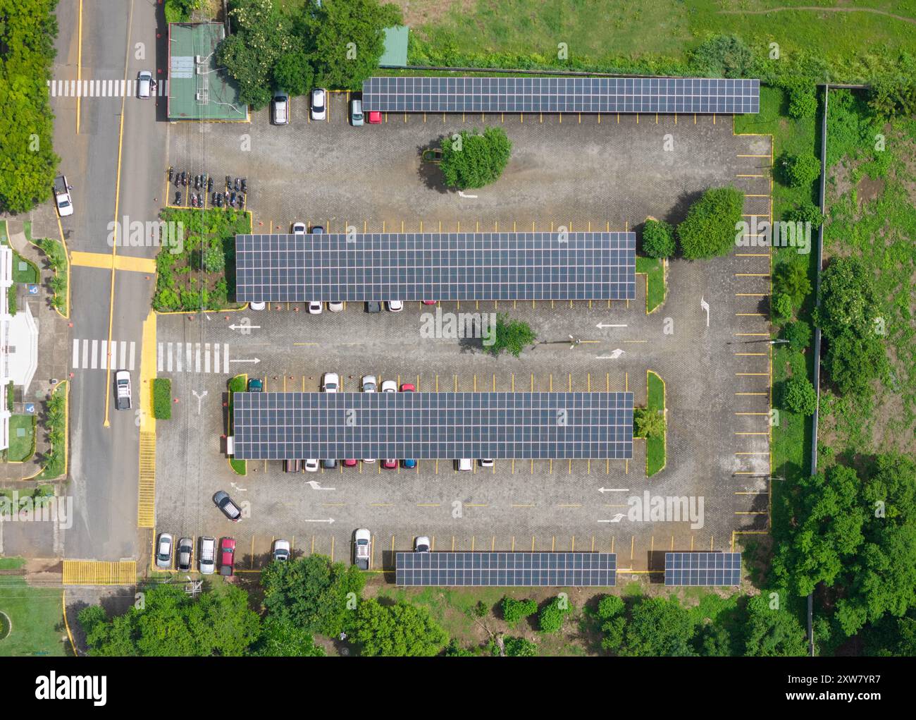 Car parking lot under solar panel above top drone view on sunny light ...