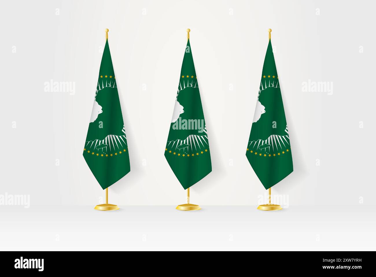 Three African Union flags in a row on a golden stand, illustration of press conference and other ...
