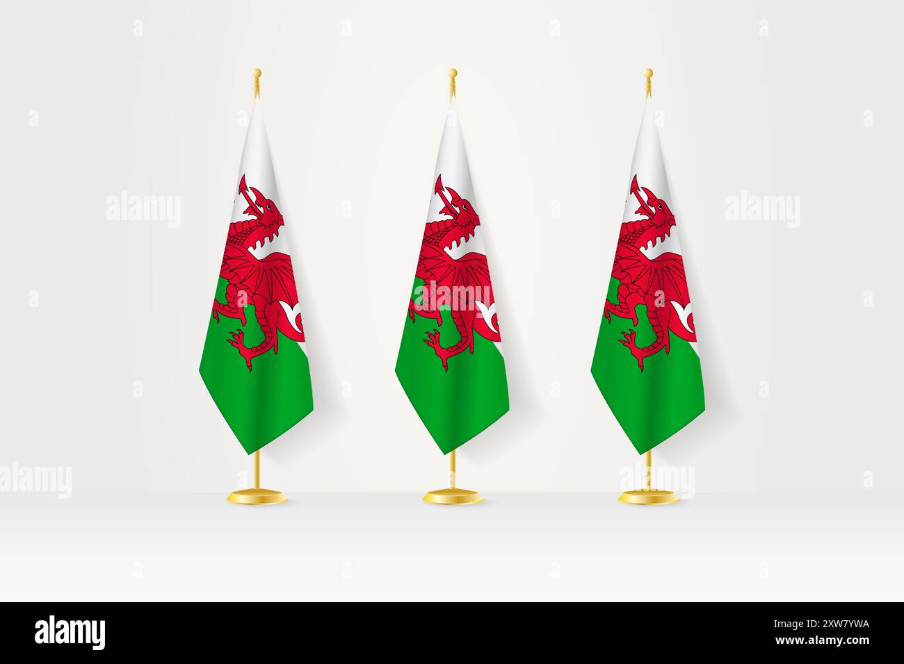 Three Wales flags in a row on a golden stand, illustration of press ...