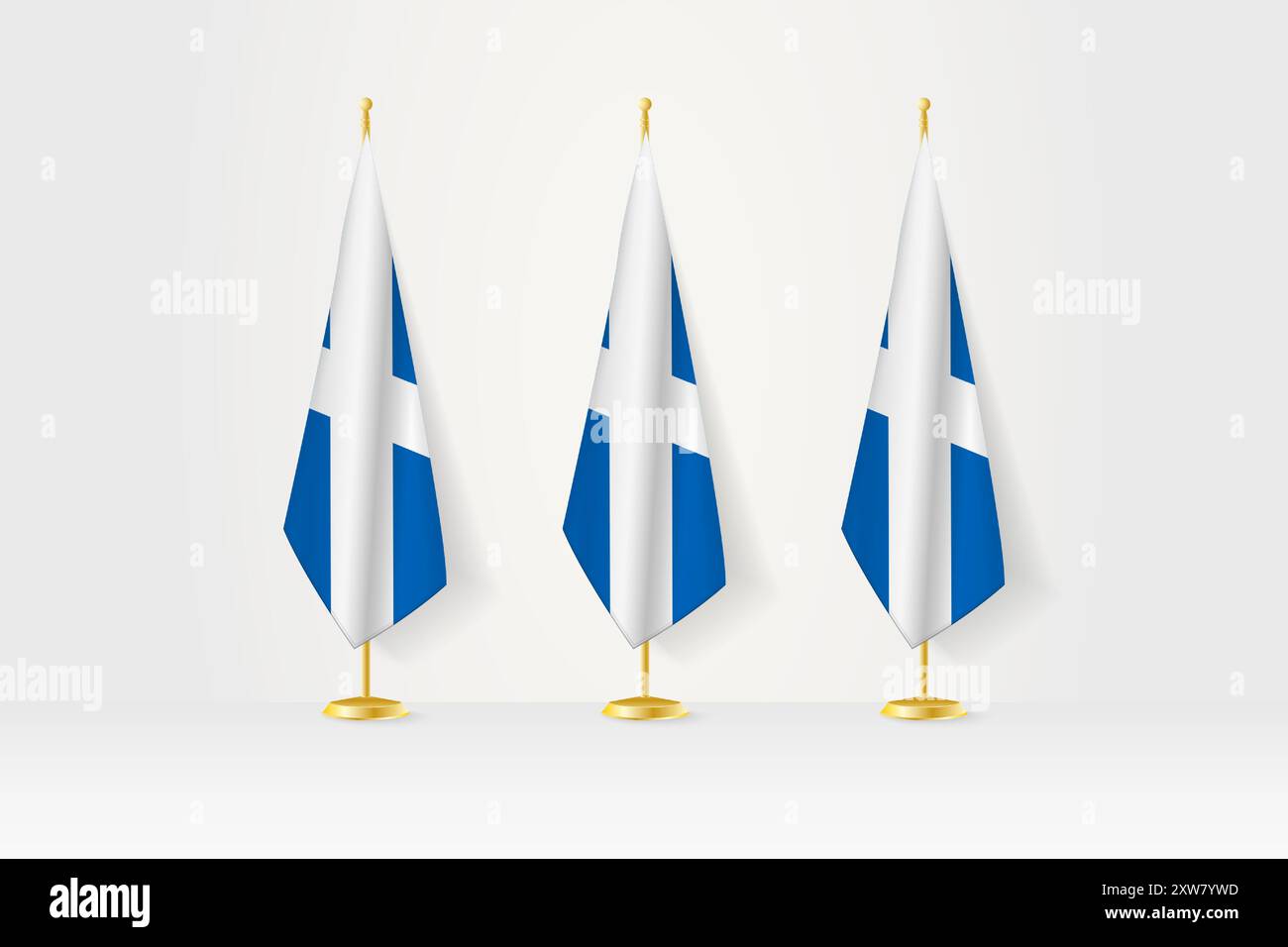 Three Scotland flags in a row on a golden stand, illustration of press ...