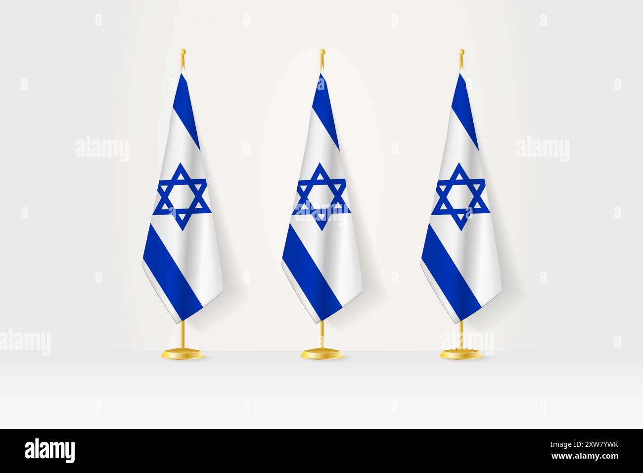 Three Israel flags in a row on a golden stand, illustration of press ...