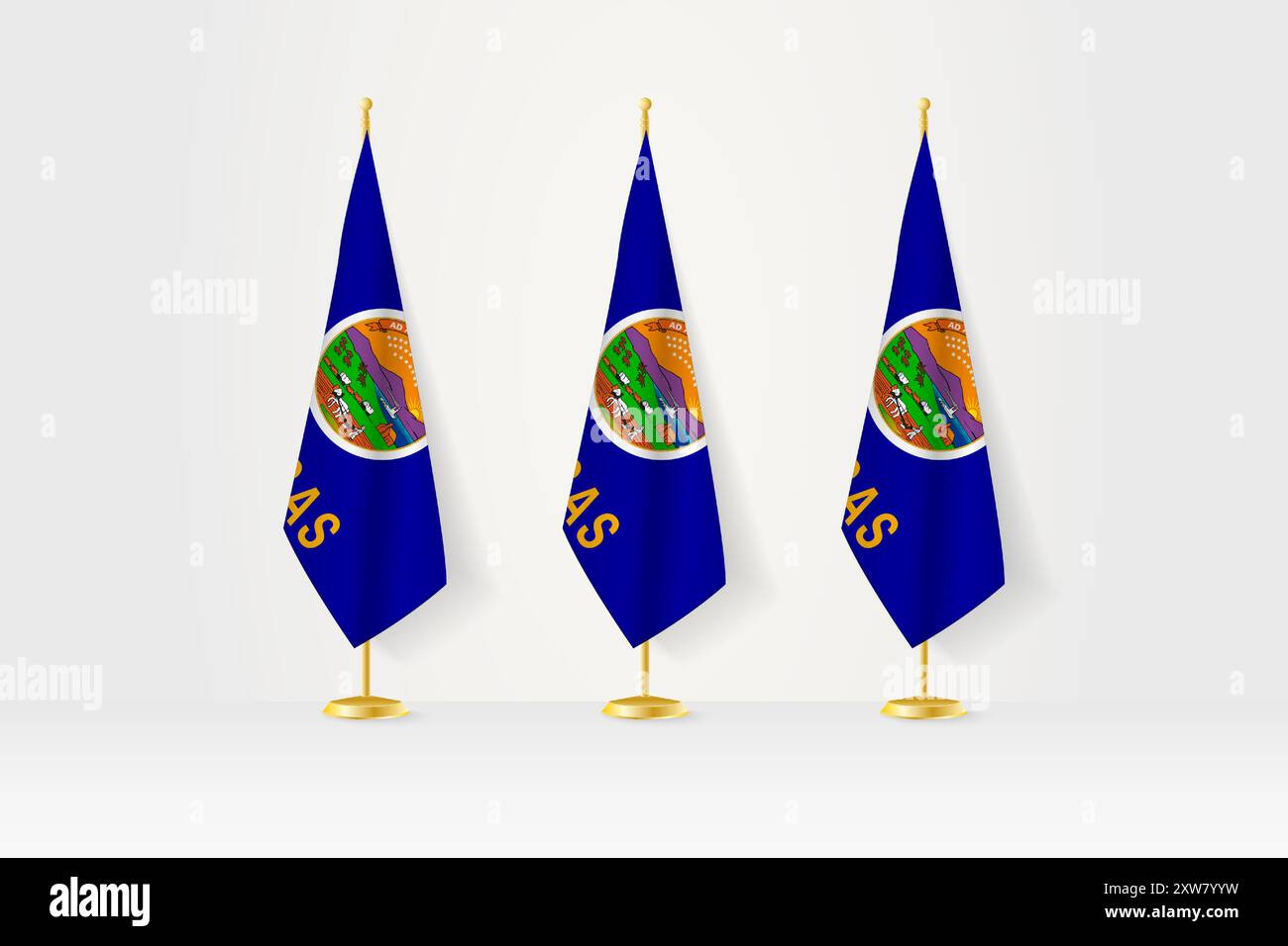 Three Kansas flags in a row on a golden stand, illustration of press ...