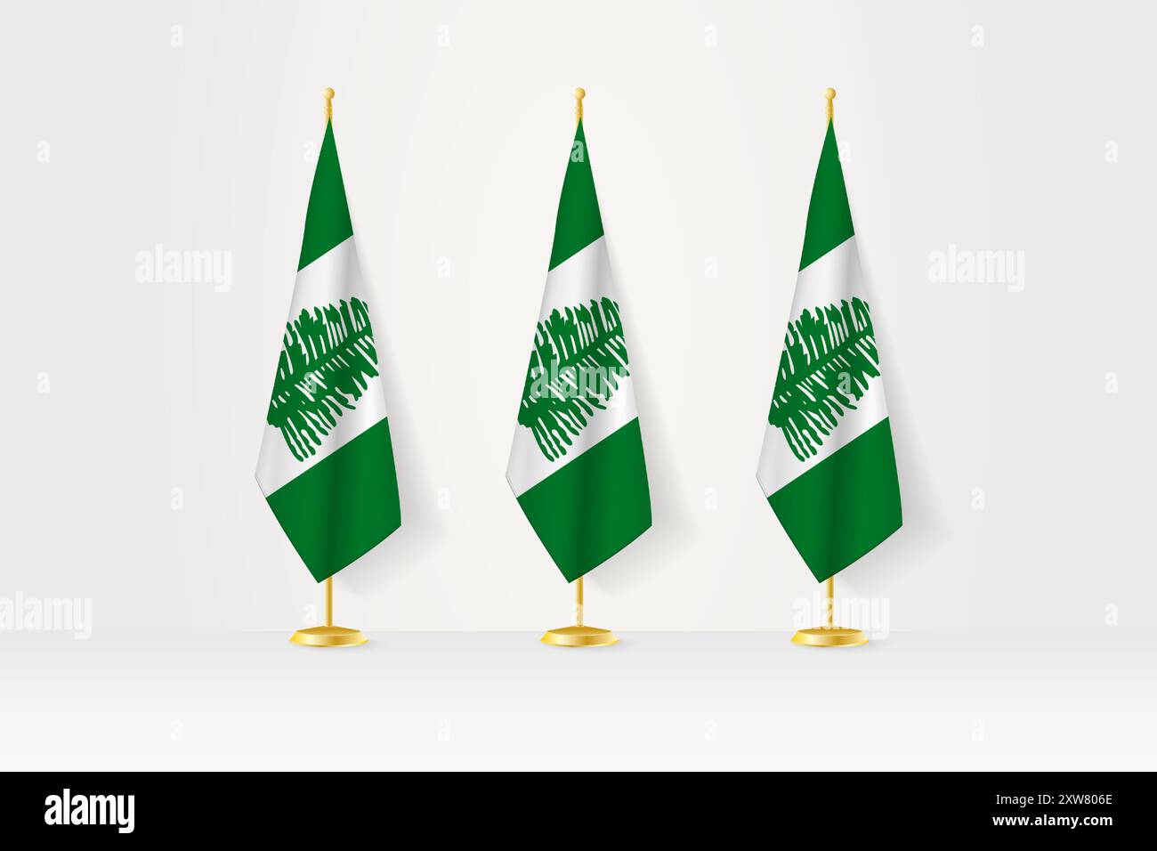 Three Norfolk Island flags in a row on a golden stand, illustration of ...