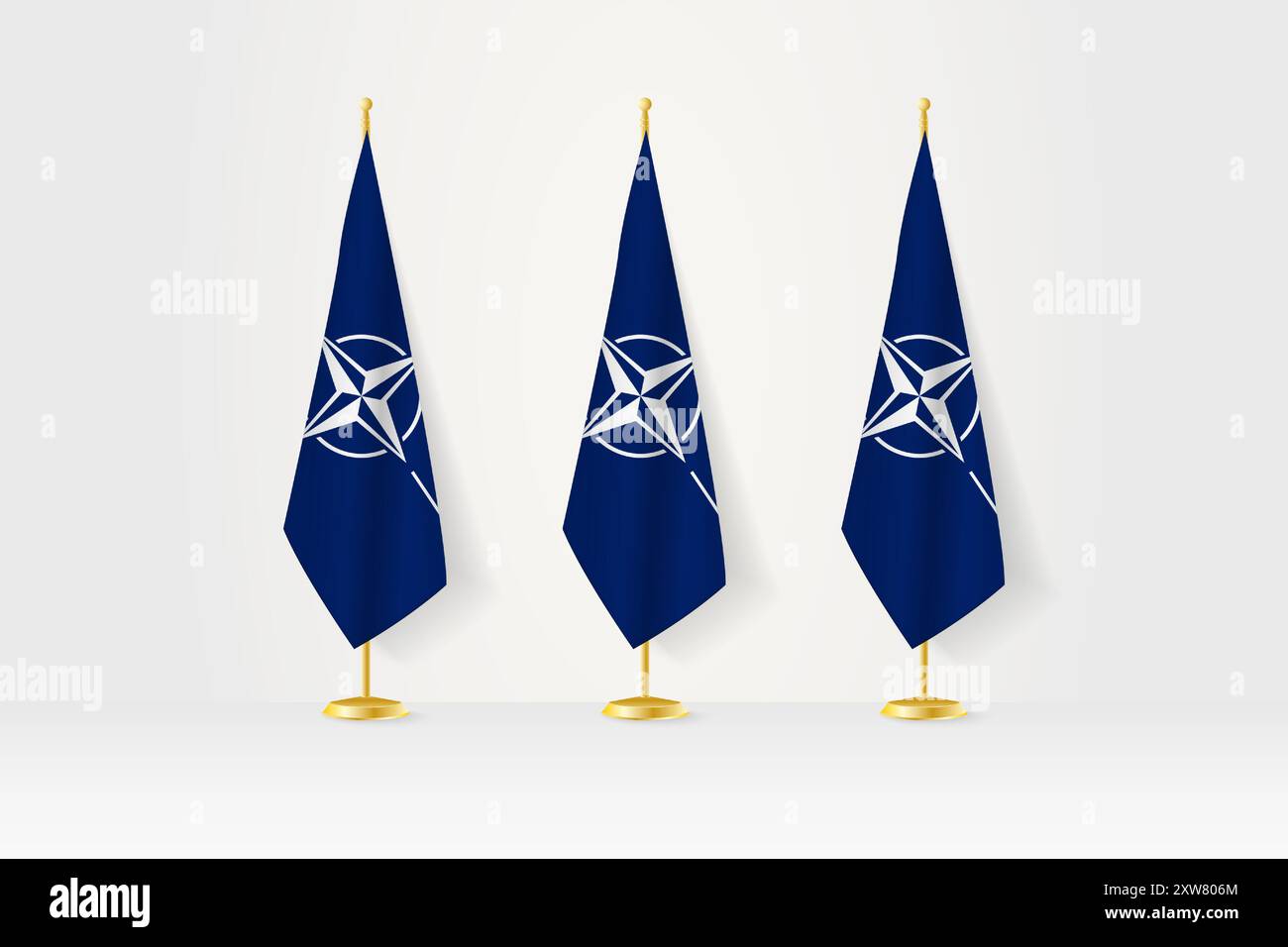 Three Nato flags in a row on a golden stand, illustration of press ...