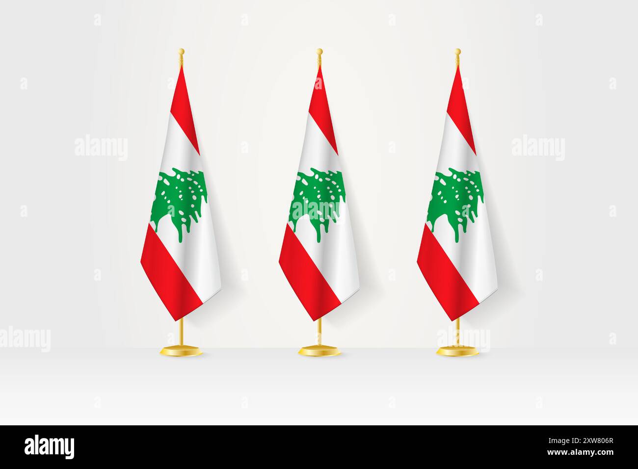 Three Lebanon flags in a row on a golden stand, illustration of press ...