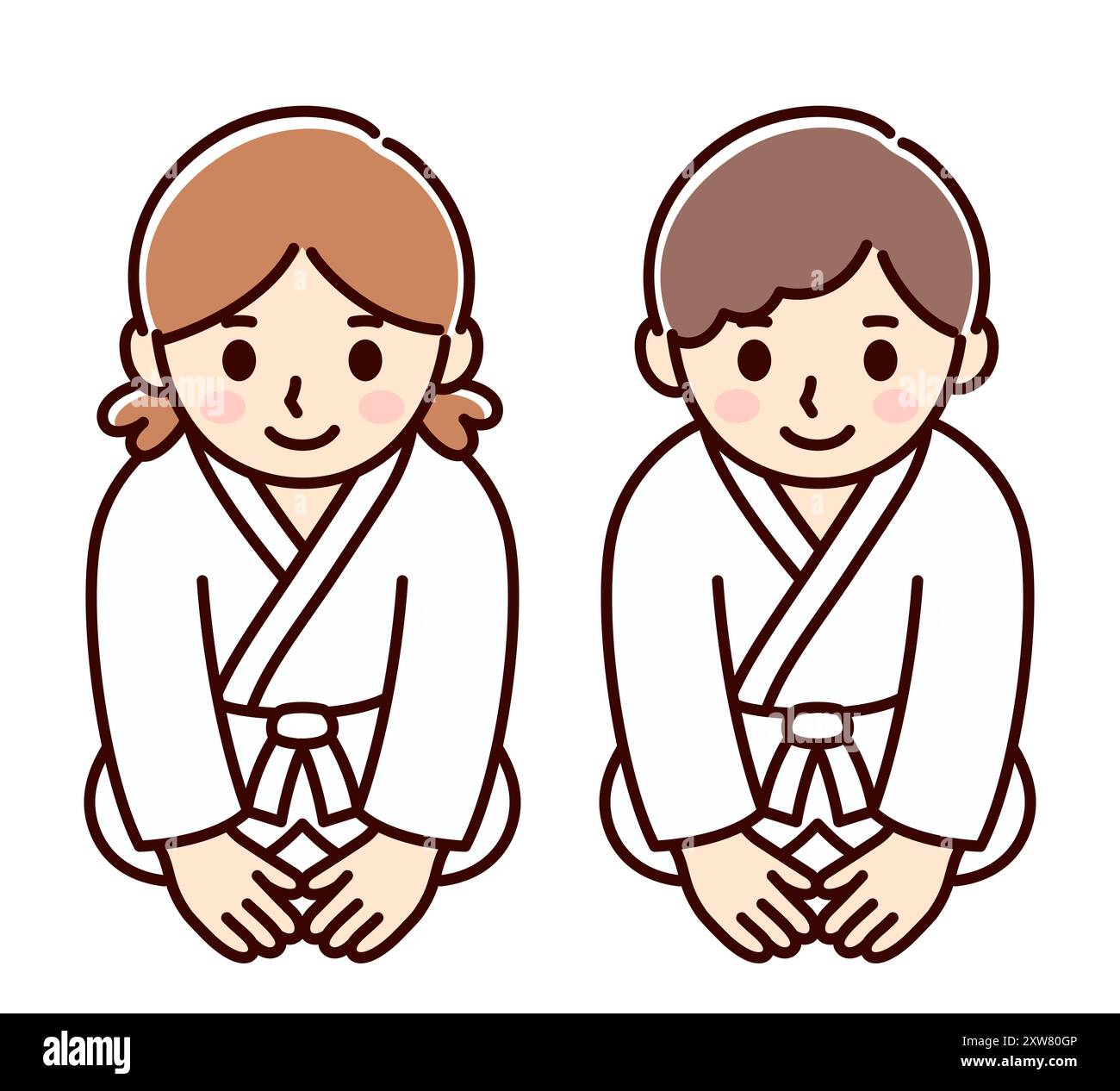 Cute cartoon kids performing japanese martial arts bow (zarei) sitting ...