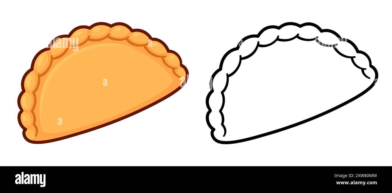 Hand drawn pastry, turnover or dumpling. Color drawing and black and ...