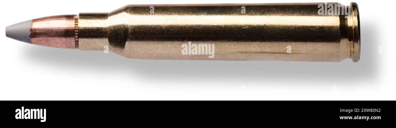 Drop shadow below an AR-15 cartridge with a polymer tip that makes it ...