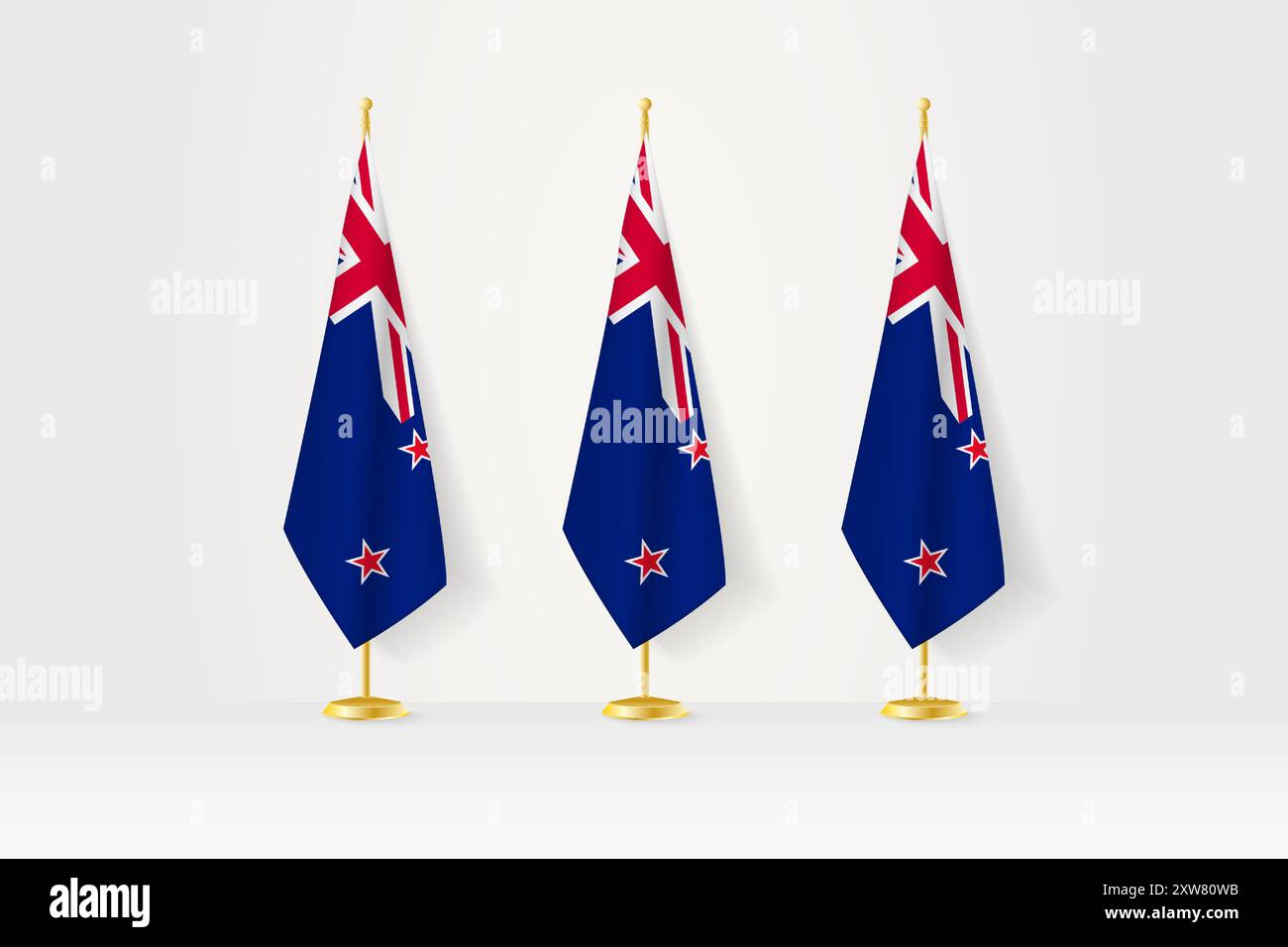 Three New Zealand flags in a row on a golden stand, illustration of ...