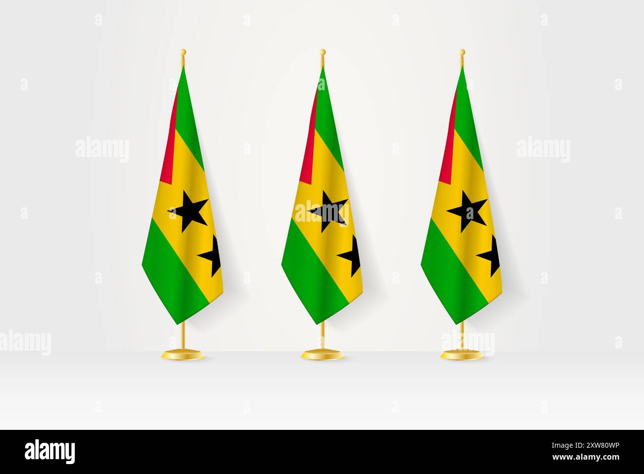Three Sao Tome and Principe flags in a row on a golden stand ...