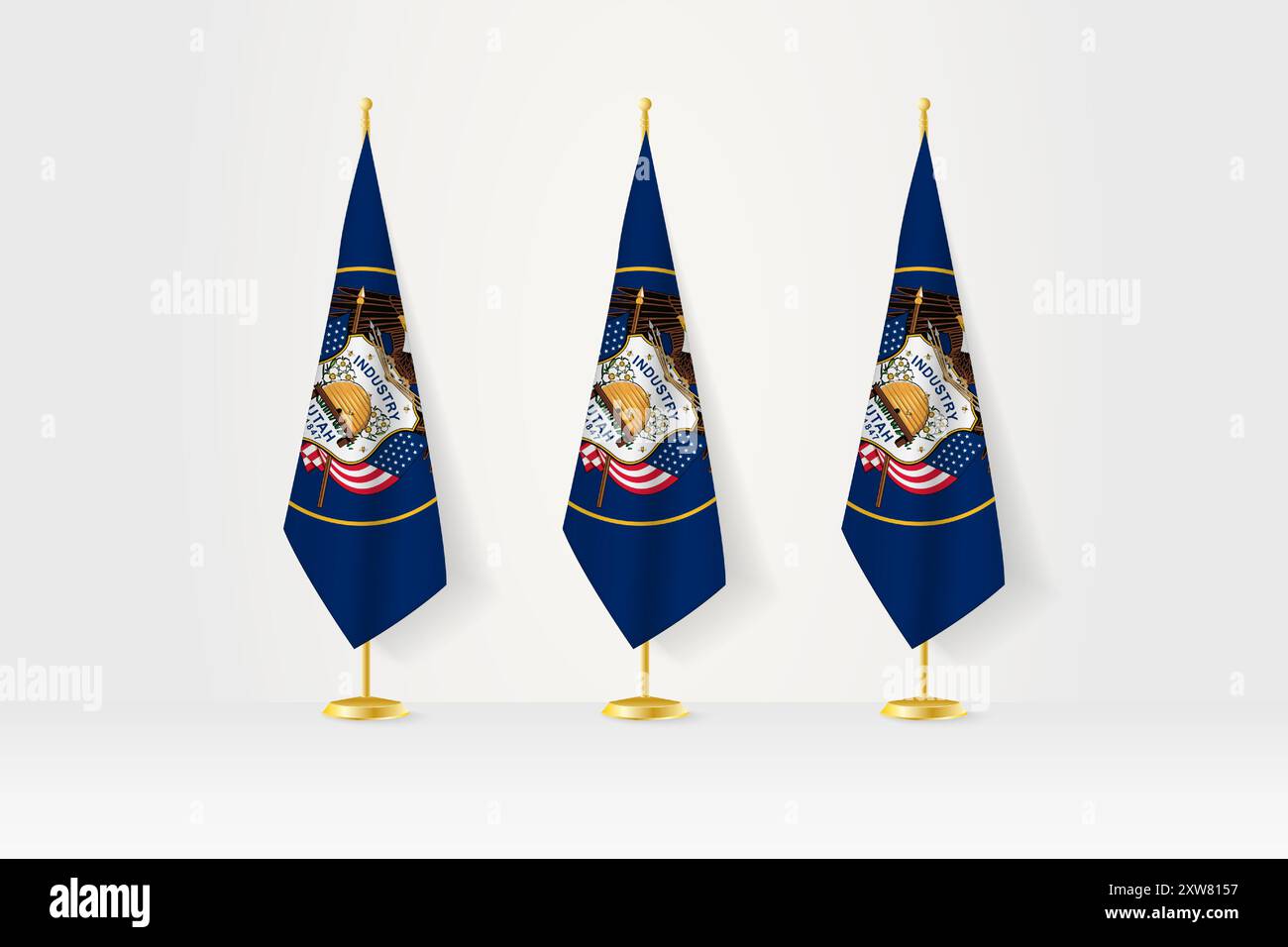 Three Utah flags in a row on a golden stand, illustration of press ...
