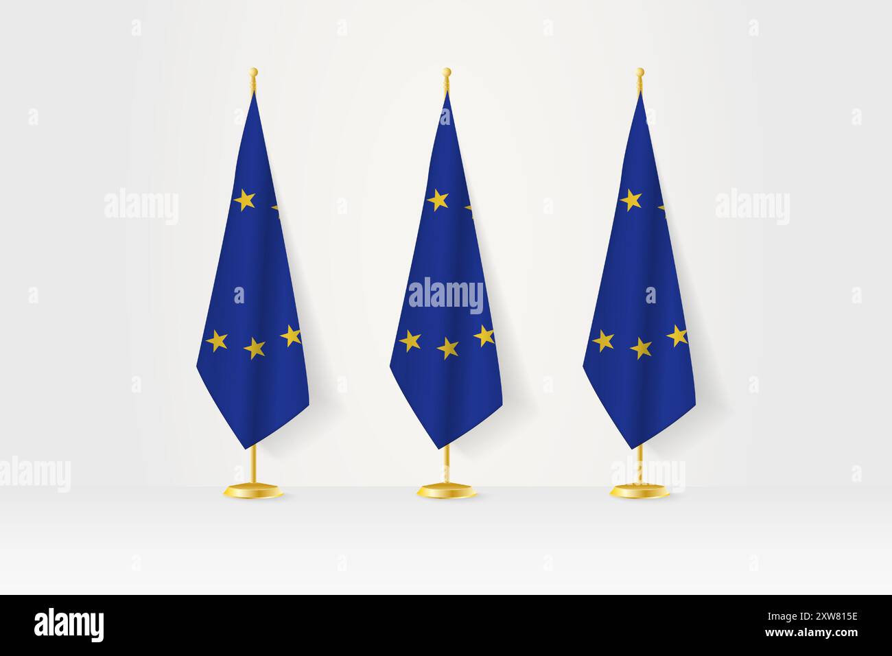 Three European Union flags in a row on a golden stand, illustration of ...
