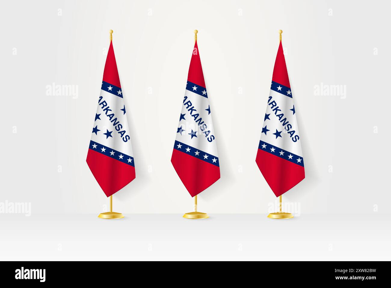 Three Arkansas flags in a row on a golden stand, illustration of press ...