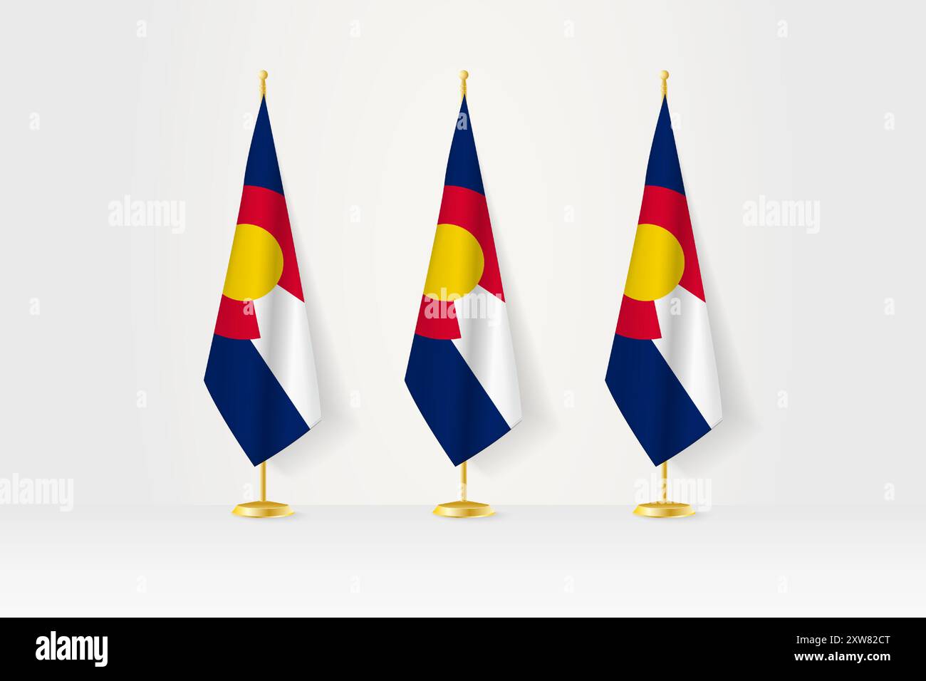 Three Colorado flags in a row on a golden stand, illustration of press ...