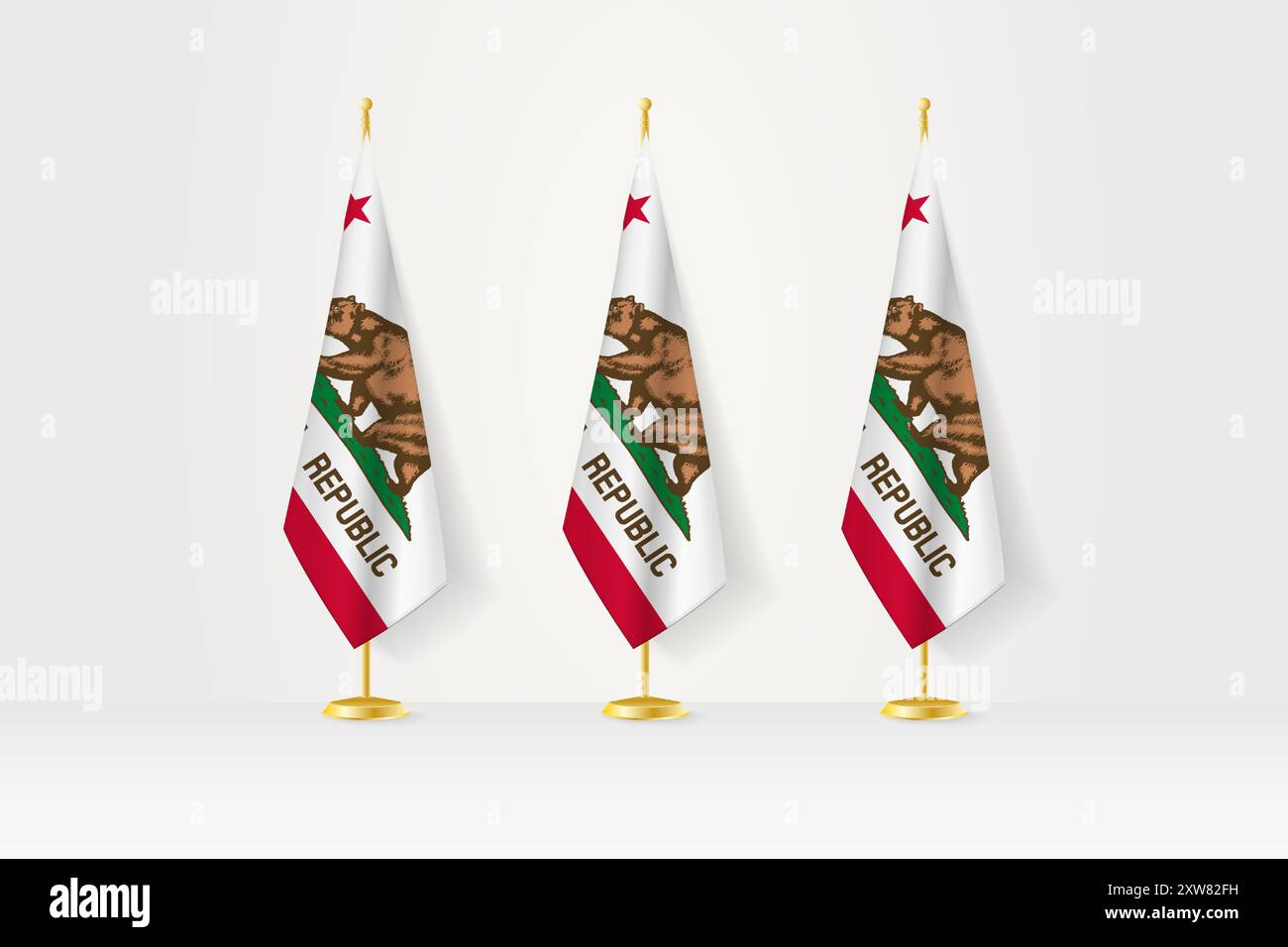 Three California flags in a row on a golden stand, illustration of ...