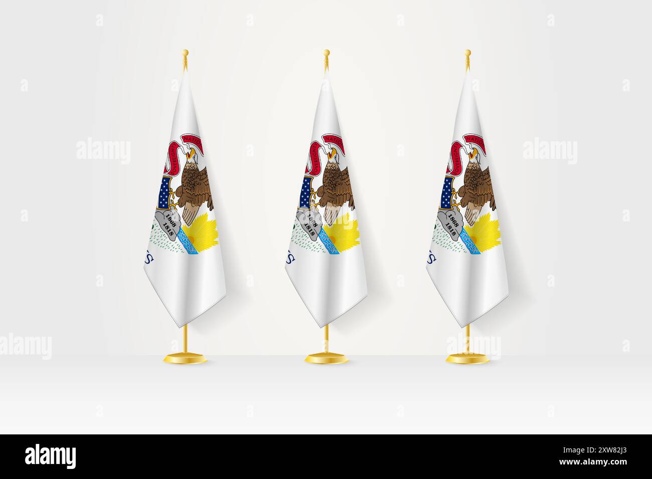 Three Illinois flags in a row on a golden stand, illustration of press ...