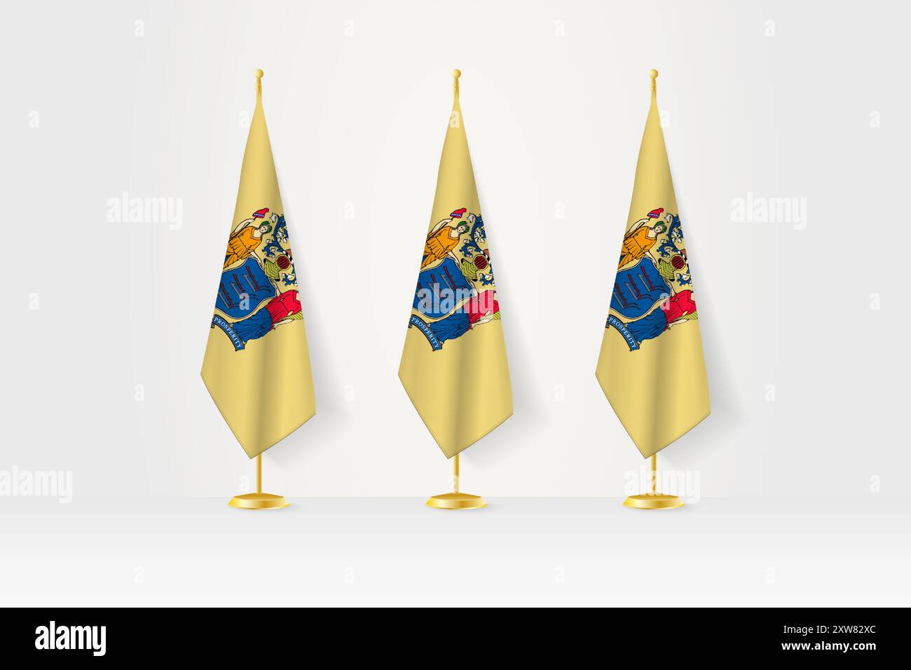 Three New Jersey flags in a row on a golden stand, illustration of ...