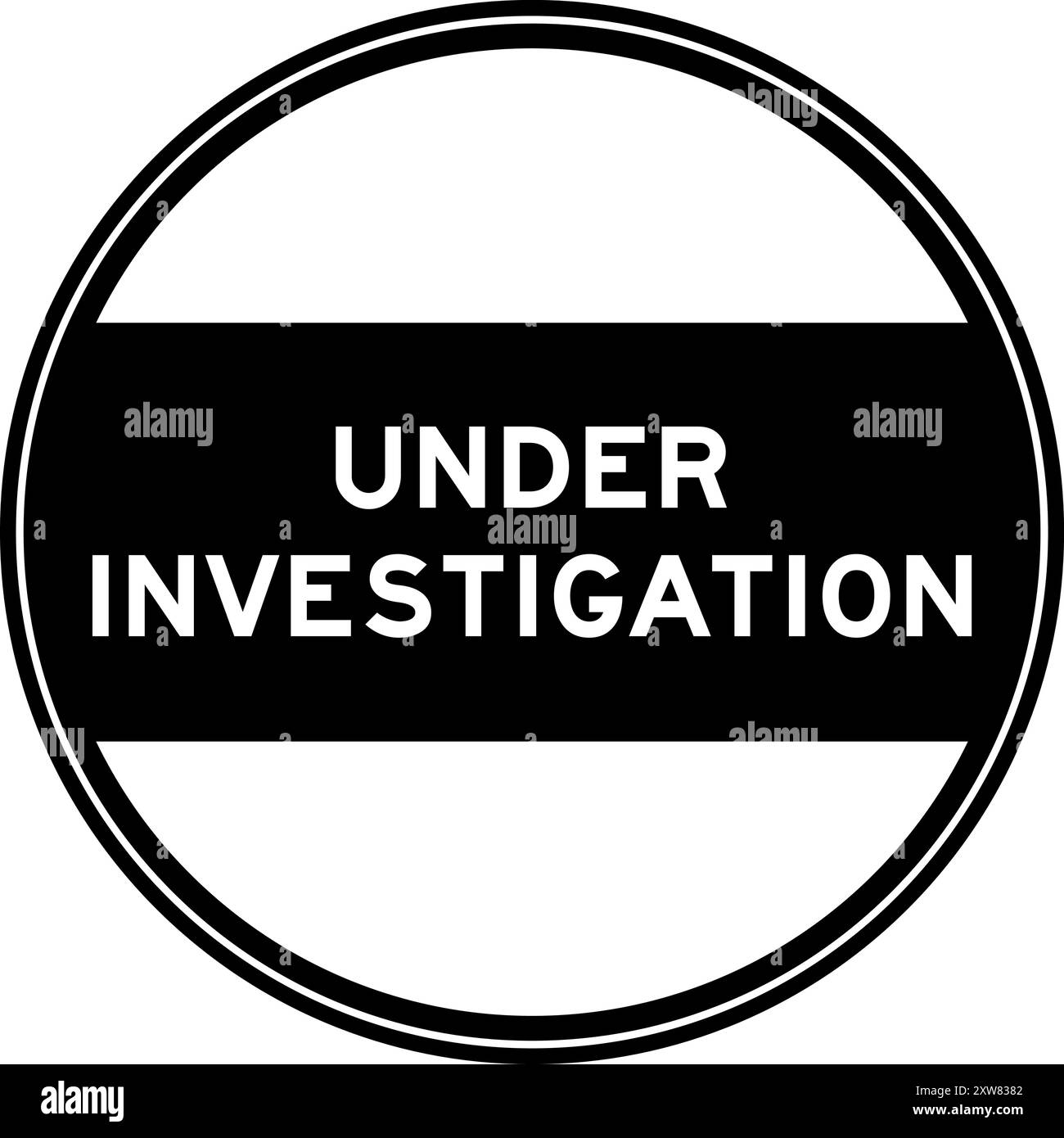 Black color round seal sticker in word under investigation on white ...