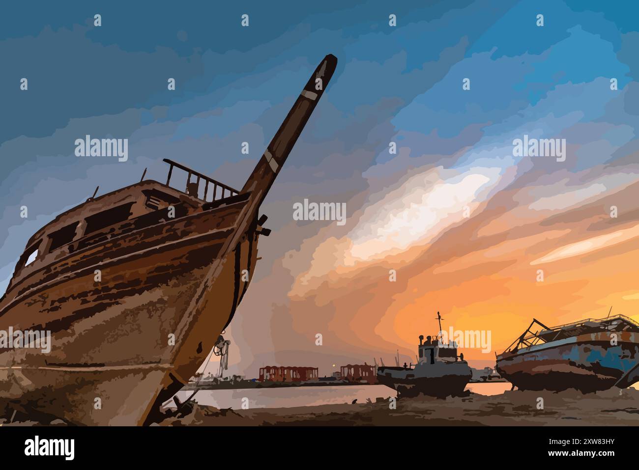 The illustrative file of a sunset image including an old wooden ...