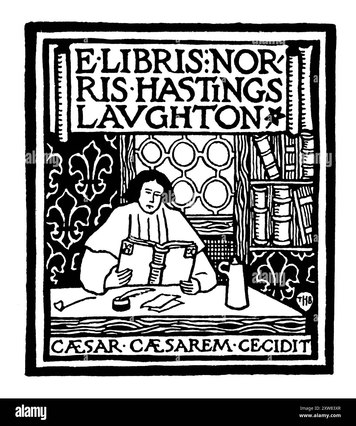 1890s medieval man reading bookplate for Norris Hastings Laughton by ...