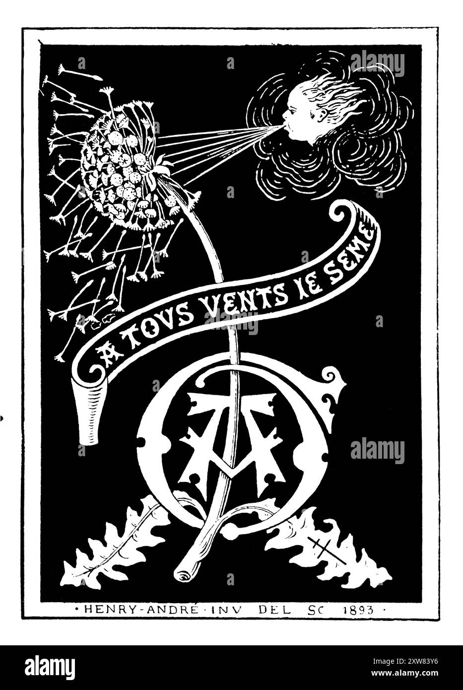 1893 O A initials monogram bookplate with wind blowing seeds of ...