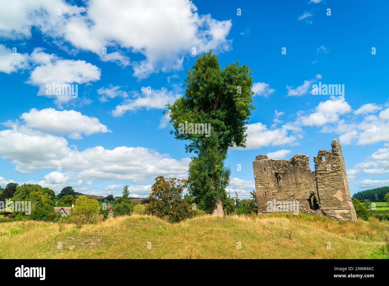 The grounds of the ruins Hopton Castle a Medieval castle in landscape ...