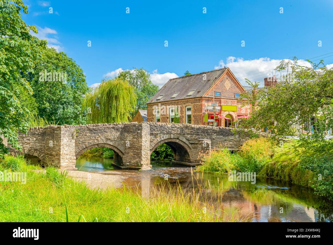 The Old Bridge, a stone bridge crossing the River Clun, in the ...