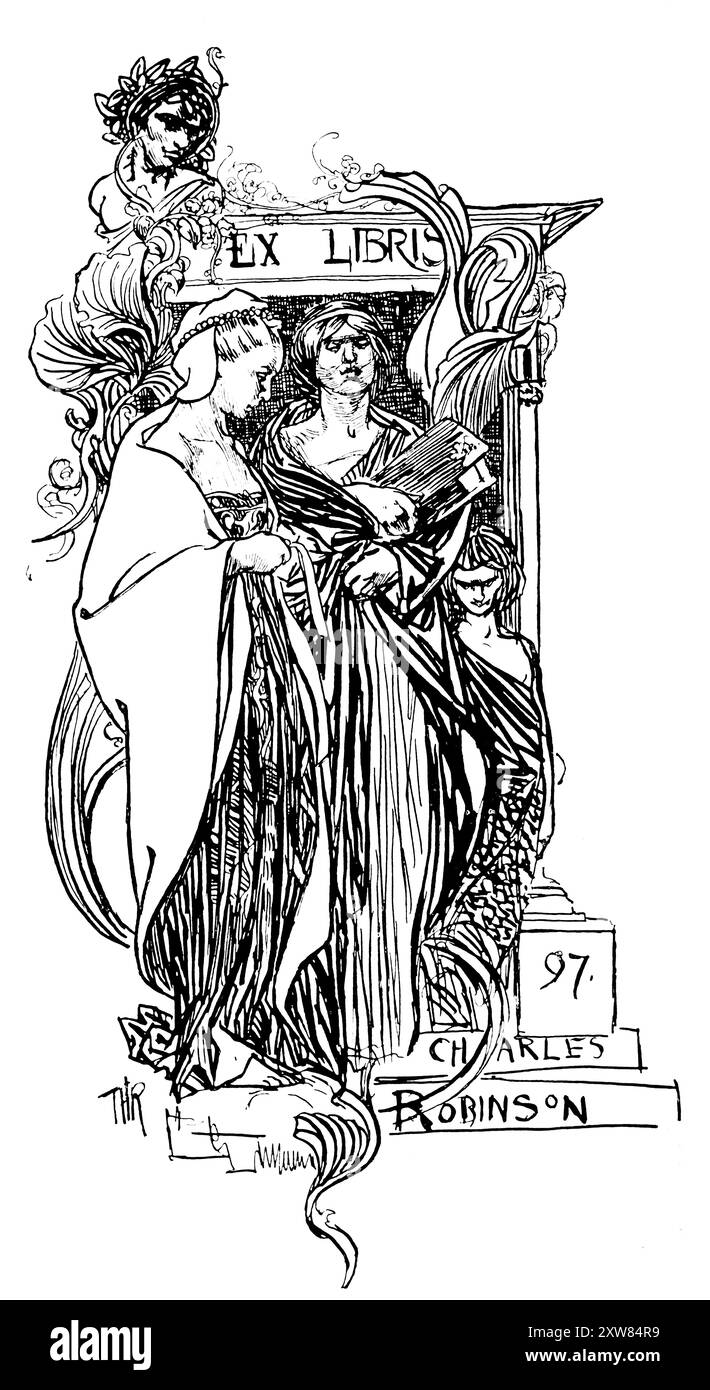1897 personal bookplate by renowned illustrator Charles Robinson Stock ...